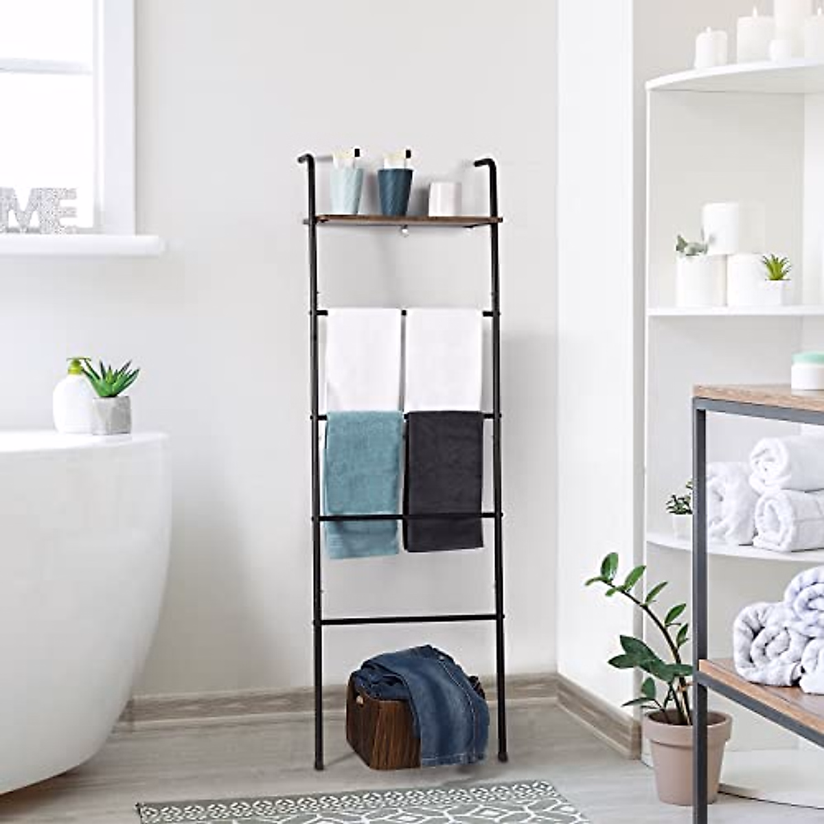 CADUKE Blanket Ladder Towel Ladder for Bathroom Blanket Ladder with Shelf Ladder Blanket Holder for Living Room Farmhouse 5-Tier Wall-Leaning Ladder Shelf Metal Quilt Rack, Black and Brown