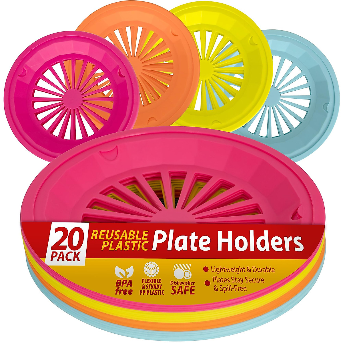 Besti Reusable Plastic Paper Plate Holders 10 Inch, 20 Piece Round Plastic Paper Plate Holder Set with Snap-In Grooves, Dishwasher Safe In Black Color