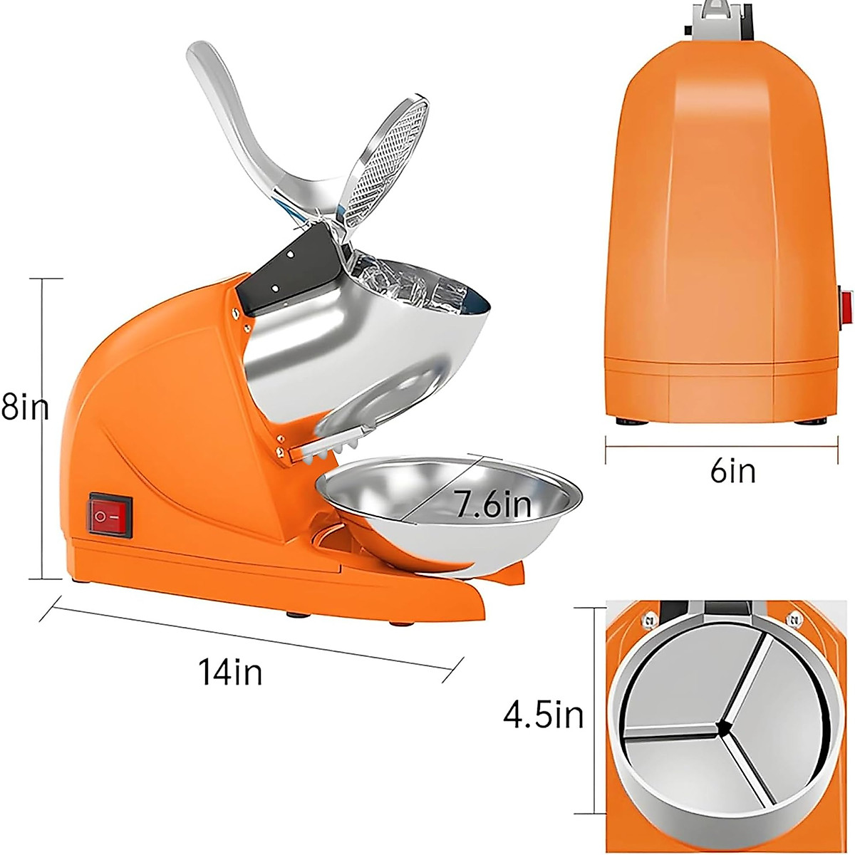Electric Ice Crushers Machine Ice Snow Cone Maker Professional Double Blades Stainless Steel Ice Shaver Machine for Home Commercial Use (Orange)