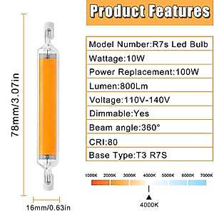 10 Pack 78mm 10W R7S LED Bulbs 100W Halogen Replacement LED R7S Light Bulb J T-Ype T3 Double Ended Work Bulbs for Garage Light Floodlight, Dimmable ,Natural White 4000k