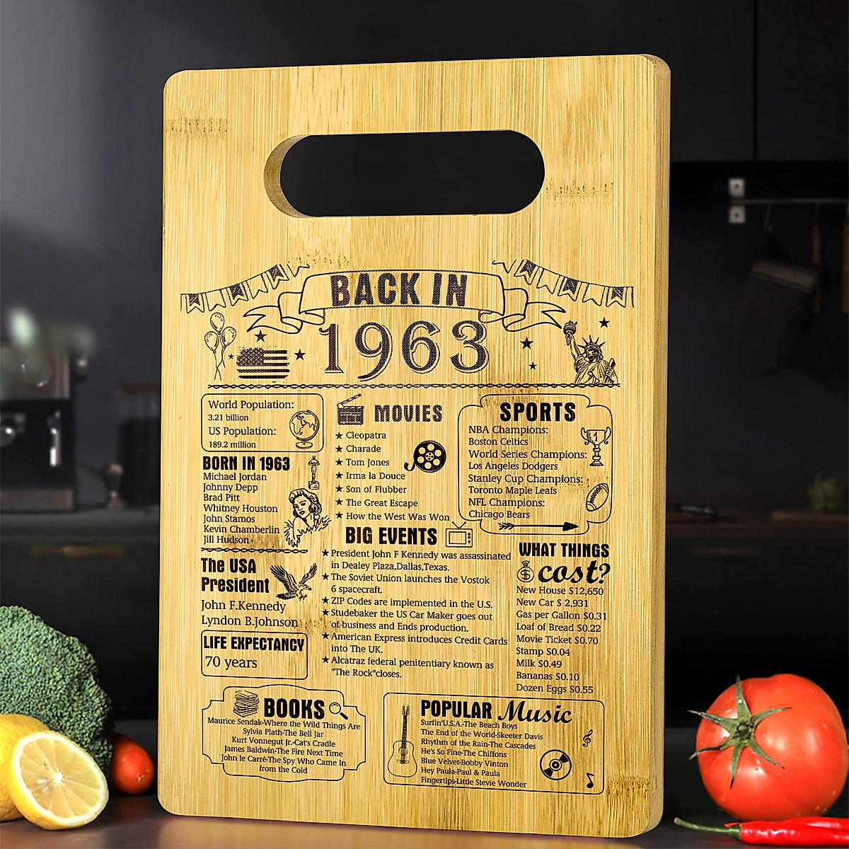 61th Birthday Gifts For Women or Men, Back In 1963 Cutting Board 61th Birthday Decorations, 61 Year Old Anniversary Birthday Gifts