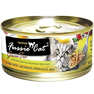 Fussie Cat Premium Grain-Free Canned Wet Food Variety Bundle - 2.8 Oz. - Tuna with Chicken, Tuna with Shrimp, Tuna with Oceanfish, Tuna with Salmon, Tuna with Mussels, and Tuna with Prawns (12 Pack)