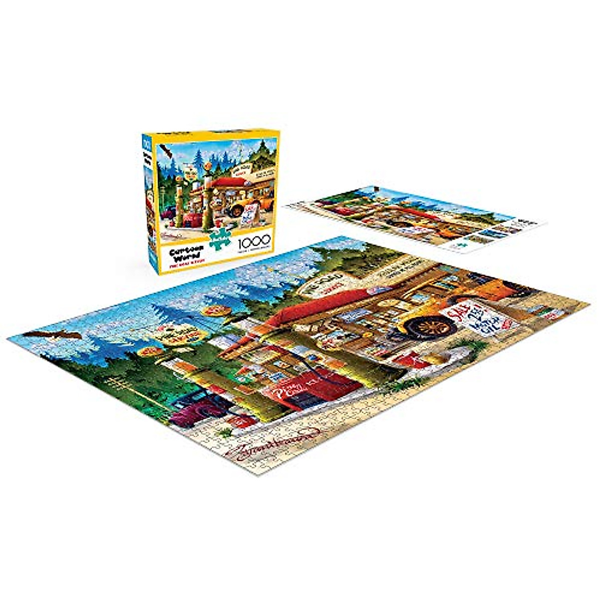 Buffalo Games - Cartoon World - Pine Road Service - 1000 Piece Jigsaw Puzzle Red, Brown, Green, Yellow, 26.75"L X 19.75"W