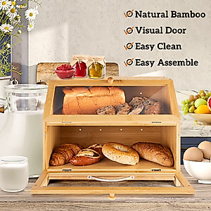 Vrullu Bread Box for Kitchen Countertop, Bamboo Bread Container with Double Layer, Large Capacity Bread Storage with Acrylic Doors, Cutting Board and Stainless Steel Bread Knife