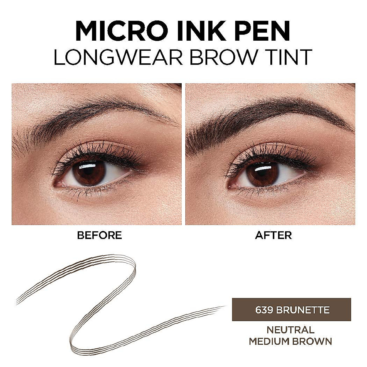 L'Oreal Paris Micro Ink Pen by Brow Stylist, Longwear Brow Tint, Hair-Like Effect, Up to 48HR Wear, Precision Comb Tip, Brunette, 0.033 fl; oz.