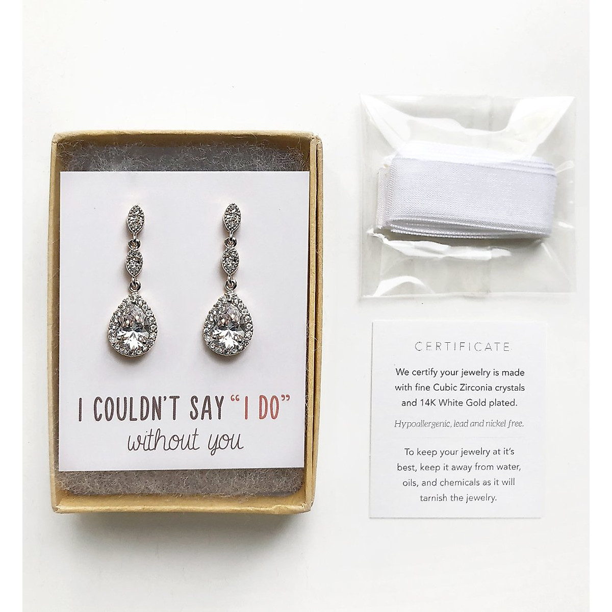A+O Bridesmaid Gift, Teardrop Cubic Zirconia Crystal Earrings in Silver