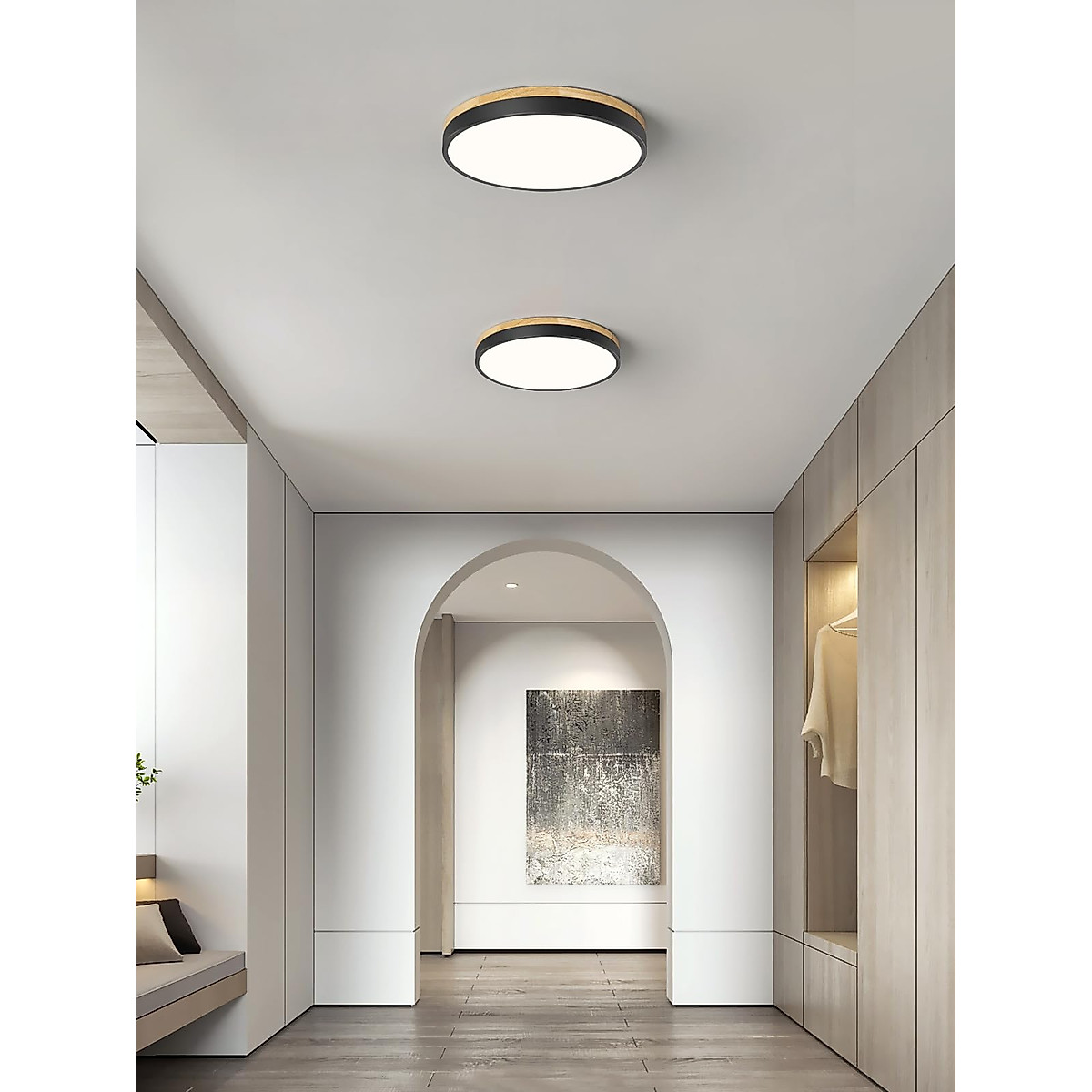 Vikaey Modern Wood LED Ceiling Light Fixture, Minimalist Black Flush Mount Ceiling Lamps, Round Ceiling Lighting Fixtures for Bedroom, Dining Room, Kitchen, Laundry Room, Hallway (NOT Dimmable)