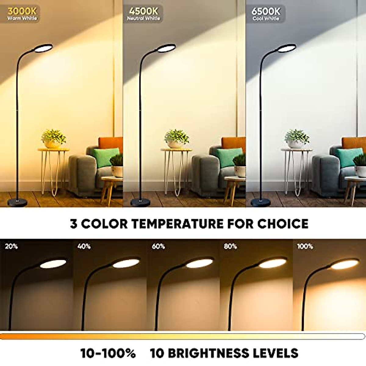 LED Floor Lamp, 12W Dimmable Standing Pole Reading Lamp 10 Brightness Levels&3 Color Temperature, Bright Gooseneck Adjustable Black Floor Lights, 800LM LED Task Lighting for Living Room Bedroom Office