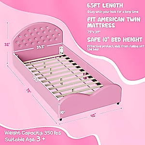 HONEY JOY Kids Twin Bed Frame with Headboard, Toddler Upholstered Platform Bed with Slatted Bed Base, No Box Spring Needed, Princess Wooden Single Bed for Baby Girls, Twin Size in Pink