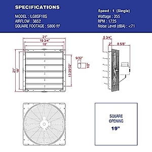 iLiving - 18" Wall Mounted Shutter Exhaust Fan - Automatic Shutter - Single Speed - Vent Fan For Home Attic, Shed, or Garage Ventilation, 3852 CFM, 5800 SQF Coverage Area, Silver (ILG8SF18S)