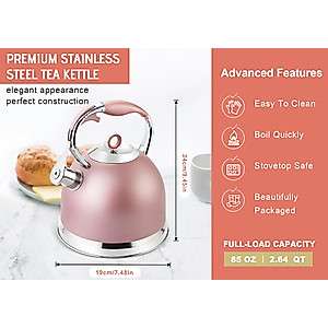 Tea Kettle - HIHUOS Whistling Tea Pots for Stove Top - Sleek 18/8 Stainless Steel Stovetop Kettle, Easy-grip Handle With Trigger Opening Mechanism, 1 Free Silicone Pinch Mitt Included (Pink 2.64QT)