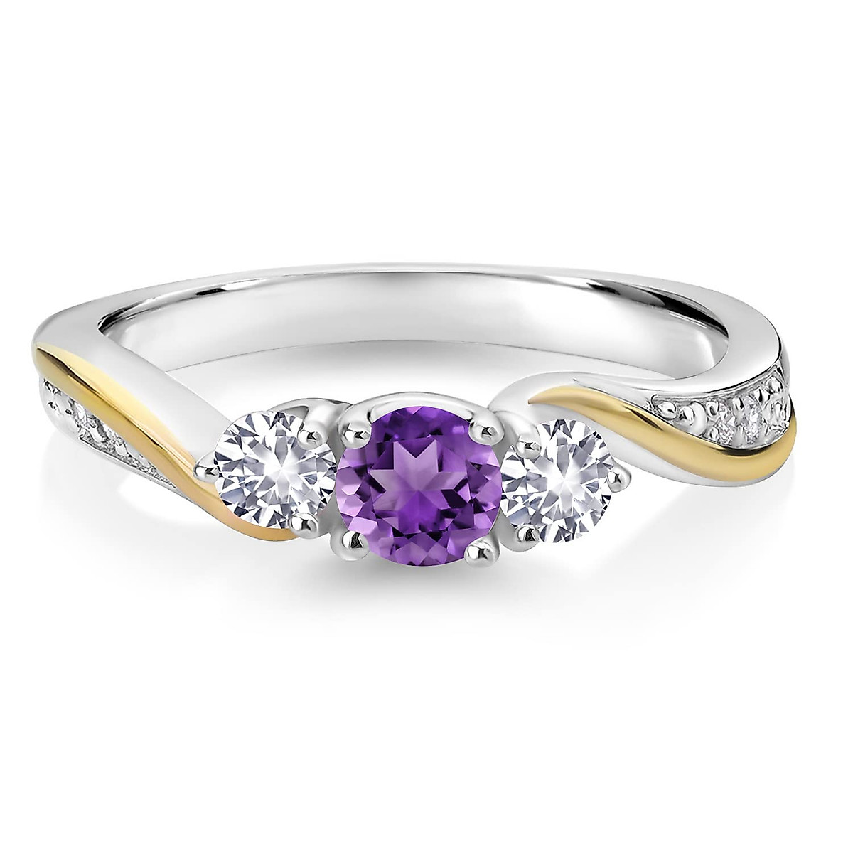 925 Silver and 10K Yellow Gold Purple Amethyst White Created Sapphire and White Lab Grown Diamond 3 Stone Engagement Ring For Women (0.54 Cttw, February Birthstone, Available In Size 5, 6, 7, 8, 9)