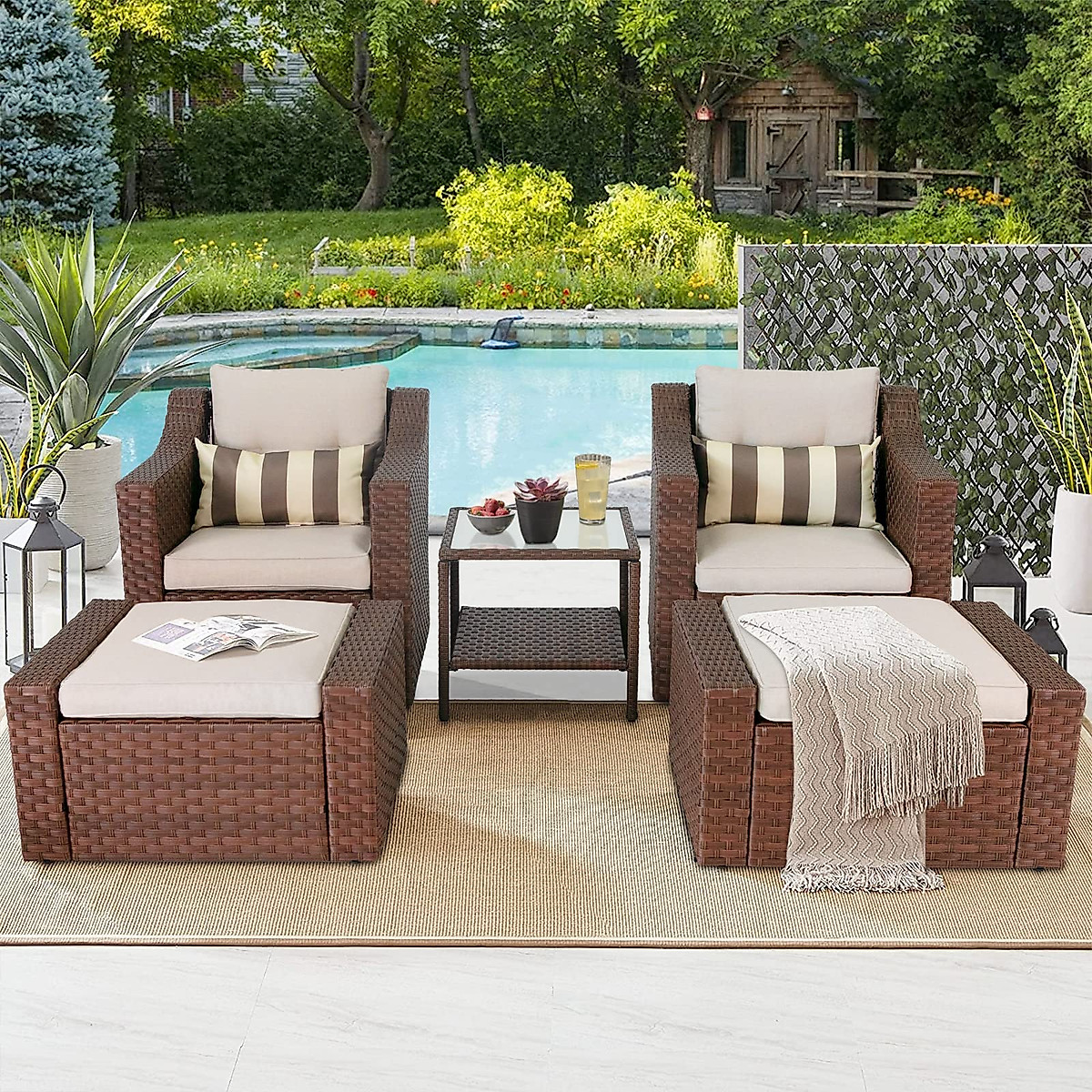 Brightpeak 5 Piece Patio Conversation Set, Outdoor Furniture Set, Brown Wicker Lounge Chair with Ottoman Footrest, W/Coffee Table & Beige Cushions for Garden, Patio, Balcony, Deck