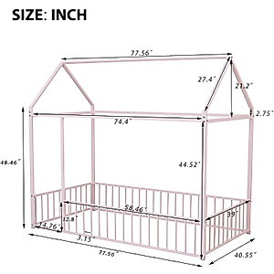 INDSUMOT Twin Size Montessori Floor Bed, Metal House Bed Frame with Fence Rails, Kids Playhouse Beds for Girls Boys Teens, Pink