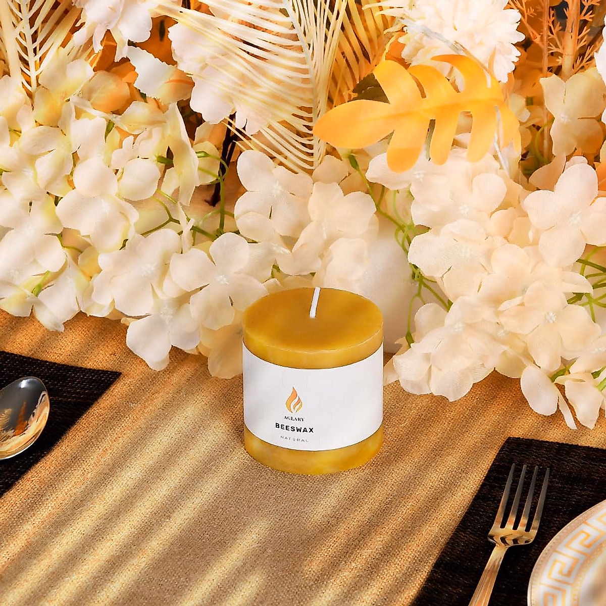 AGLARY 3"x 3" Beeswax Pillar Candle, Made of Pure Natural Beeswax, with Ultra Long Burning Time and Low Allergenicity-Raw，40H