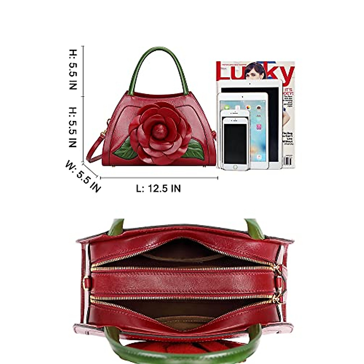 PIJUSHI Designer Floral Handbags for Women Genuine Leather Top Handle Satchel Handbags(66312 Red)