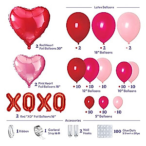 HOUSE OF PARTY Red and Pink Balloon Garland Arch Kit - 18/12/10/5 Inch Light Pink and Red Balloons with Foil Heart Balloons for Women Girls Valentine's Day Mother's Day Wedding Engagement Anniversary