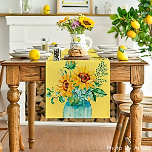 Artoid Mode Yellow Hello Sunshine Sunflower Summer Table Runner, Spring Seasonal Anniversary Holiday Kitchen Dining Table Decoration for Indoor Outdoor Home Party Decor 13 x 108 Inch