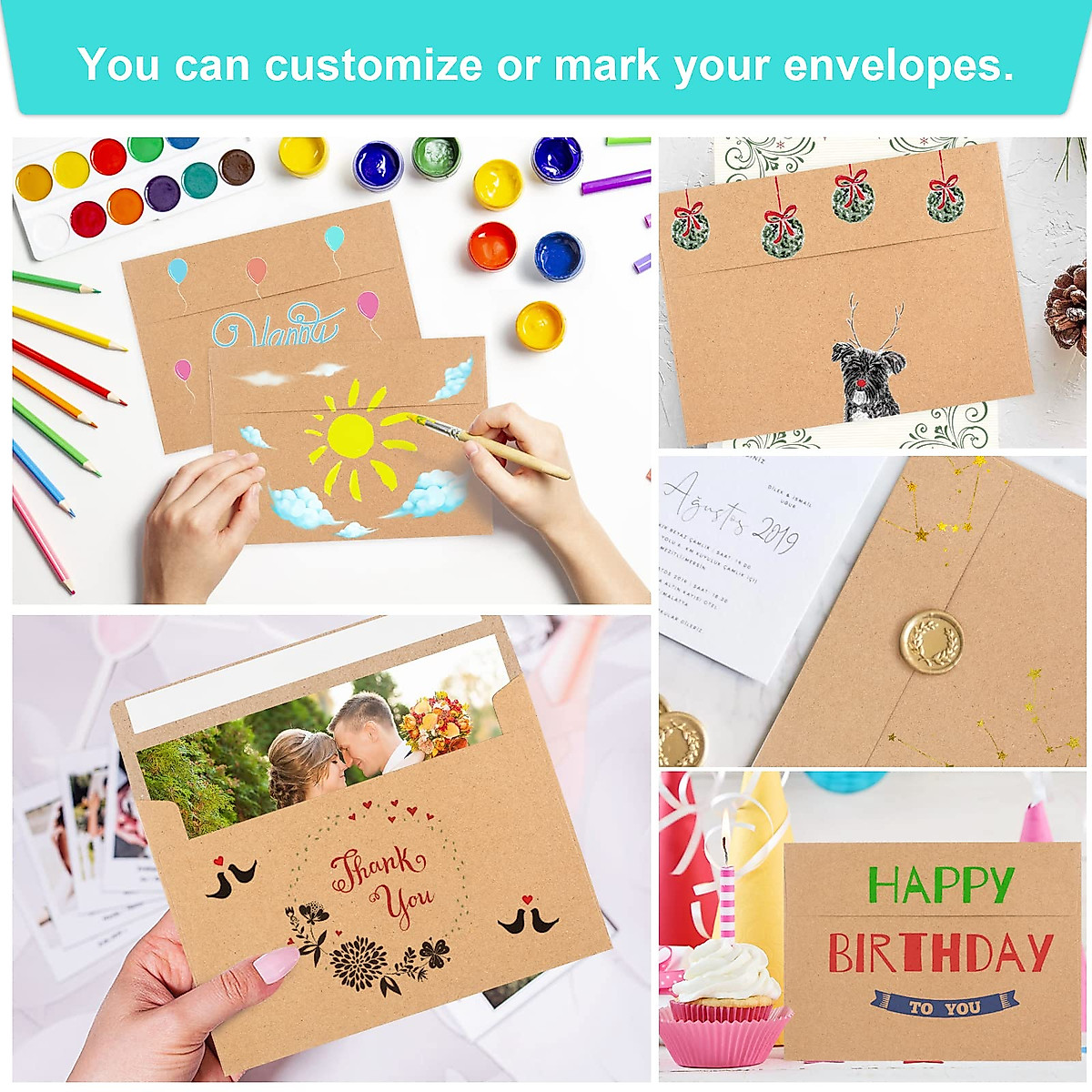 50 Pack Kraft Envelopes, 5x7 Envelopes for Invitations, A7 Invitation Envelopes, Brown Kraft Envelopes for Personalize Gift Cards, Wedding, Baby Shower, Birthday Party