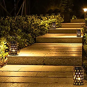 JHY DESIGN 2 Pack Solar Lantern Lights Outdoor Solar Powered Table Lamp Lights Hanging Garden Lamp Metal Lantern with Handle for Patio Garden Outdoor Walkway Yard Landscape Park Lawn(Hollow Stars)