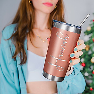 Personalized Tumbler with Engraved Name - 12 Designs, 20 Oz Coffee Tumbler with Slider Lid, Rose Gold, Double Wall Insulated - Custom Gifts for Women
