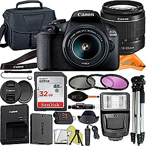 Canon EOS 2000D / Rebel T7 Digital SLR Camera 24.1MP with EF-S 18-55mm f/3.5-5.6 Lens + ZeeTech Accessory Bundle, SanDisk 32GB Memory Card, Wire Remote Control, Case and Flash (Renewed)