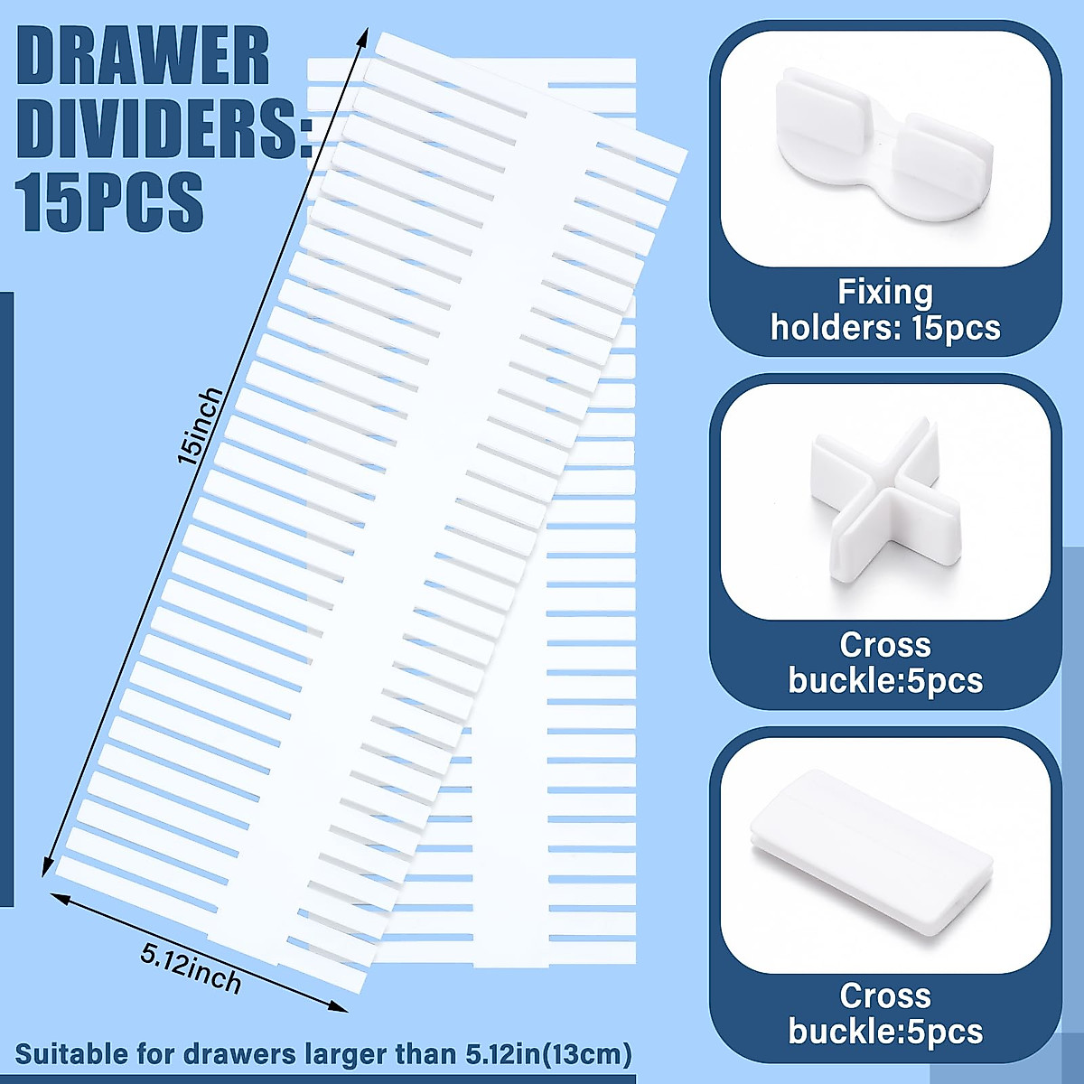 Blosssound 15Pcs Drawer Divider Adjustable Drawer Organizer 15 x 5.12, Deep, DIY Storage Organizer Separator with Fixed Buckle for Socks, Underwear, Makeup, Kitchen, Bedroom, Dresser