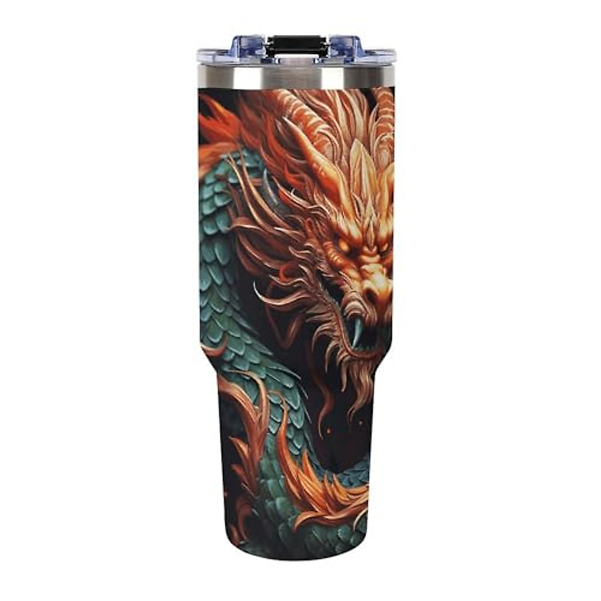 LLUTSNTH 40 Oz Vacuum Tumbler with Violet Handle Leakproof Insulated Tumbler Chinese Dragon Stainless Steel Travel Mug with Lid And Straw Coffee Cup Cute Water Bottles Cup Holder Friendly