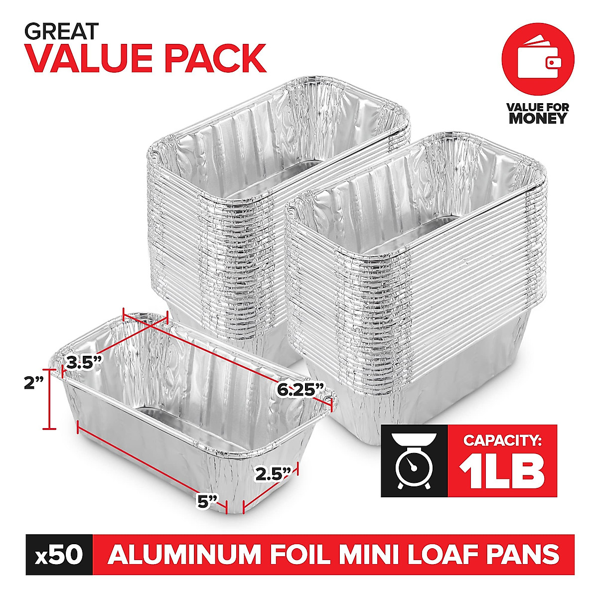 Stock Your Home Aluminum Pans Mini Loaf Pans (50 Pack) 1 Lb Aluminum Foil Tin Pans, Small Loaf Pans – 1 Pound Disposable Baking Pans Perfect for Baking Cakes, Bread Loaves - 6 x 3.5 x 2