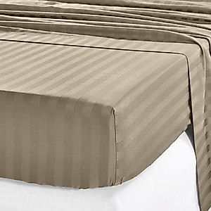 Bed Sheet Set of 5PCs, Taupe Stripe,King Size, 1 Fitted Sheet (15"-16") Deep Pocket, 1 Flat Sheet, 1 Duvet Cover with Zipper and 2 Pillowcases, Pure Egyptian Cotton, 400 Thread Count.