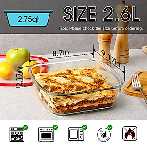 2.7 QT Square Glass Baking Dish with Red Visible Lid, 9x9 Baking Dish with Lid, LARGE and DEEP Baking Dish for Oven