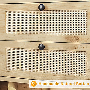 VIAGDO Rattan Nightstand with Charging Station, Led Night Stand with 2 Rattan Drawers, Bedside Tables with Solid Wood Feet, End Side Table with Open Storage Shelf for Bedroom