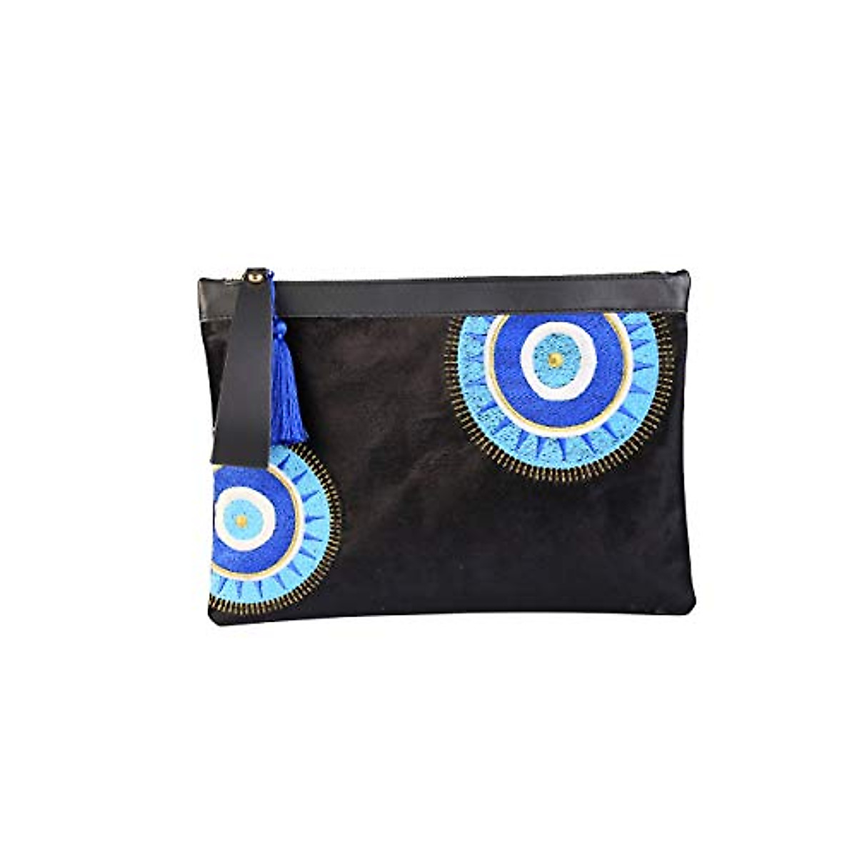 KarensLine Handmade Evil Eye Embroidered Black Velvet Clutch Bag Sunny Beach Summer Style, Medium