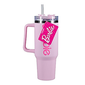 Paladone Barbie Official Licensed Pink Logo H2O Bottle, Quencher Stainless Steel Vacuum Insulated Tumbler with Lid and Straw for Water, Iced Tea or Coffee
