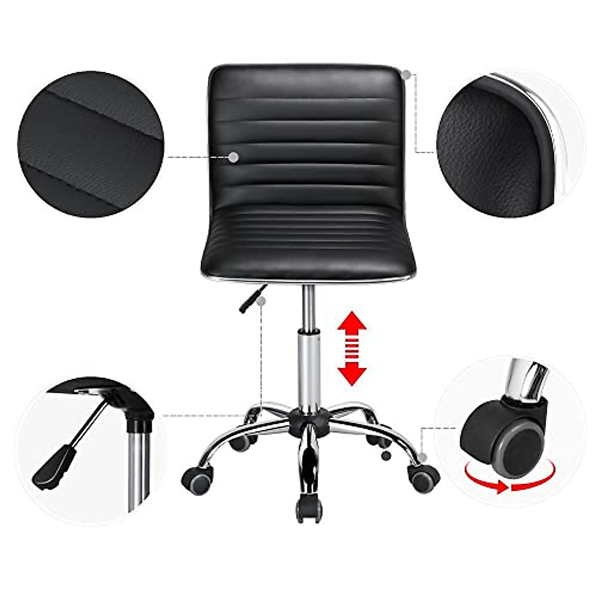 Yaheetech PU Leather Armless Desk Chair Low Back Ribbed Swivel Chair Office Chair with Wheels, Set of 2, Black