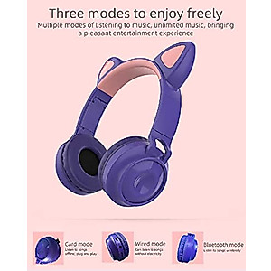 Asmi Bluetooth Headphones, Wireless Cat Ear Headphones LED Light Up Wireless Headphones Over Ear, Foldable & Lightweight Stereo Wireless Headset for Travel Work TV PC Cellphone (Purple)