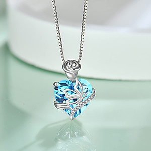 FJ Heart Butterfly Necklace 925 Sterling Silver Aquamarine Necklace March Birthstone Pendant Rose Flower Jewelry Gifts for Women