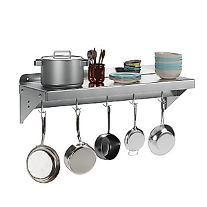 Garvee 12"x24" Stainless Steel Shelf,Multifunctional Metal Wall Mounted Shelf with 2 Stainless Steel Backsplashs and 5 Hooks