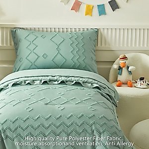 AIKASY Toddler Bedding Set 4 Pieces Super Soft Comforter Set, Shabby Boho Bohemian Design for Boys and Girls（Ruffle Fringe Comforter, Flat Sheet, Fitted Sheet and Pillowcase）- Green