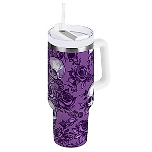 40 oz Car Tumbler Cup with Handle and Straw Lid for Water,Iced Tea or Coffee Purple Rose Skull Travel Mug Home Work Office Stainless Steel Water Bottle