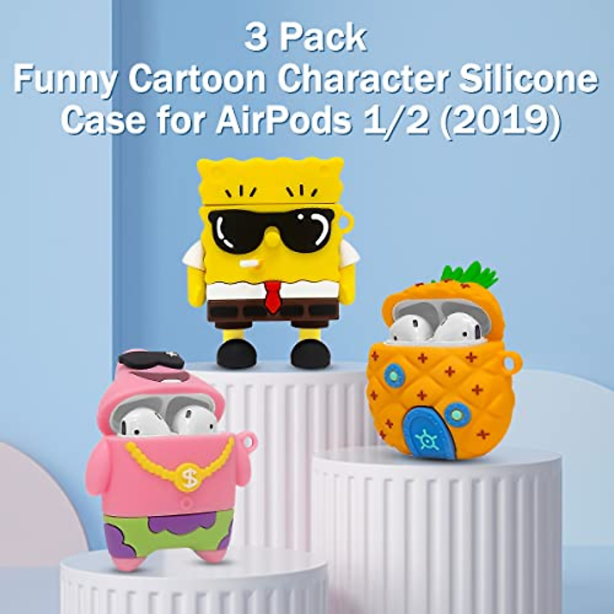 [3 Pack] Funny Airpod Case for AirPod 2/1, 3D Cartoon Character Cute Airpods 1&2 Case Kawaii AirPods 1/2 Cover for Men Boys Gift Protective Silicone Case with Keychain Accessories