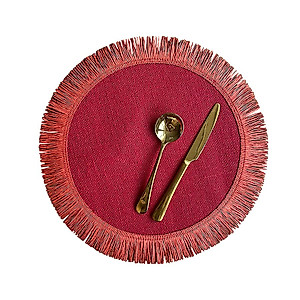 6PCS/Set Round Jute Placemat Linen Cup Mats Tassels Table Mat Decoration Kitchen Heat Insulation Non-Slip Mat Photography Prop (Red)