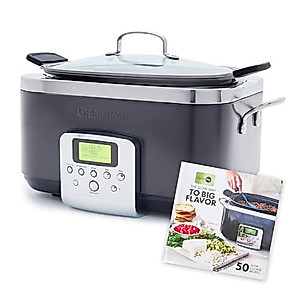 GreenPan Elite 8-in-1 Programmable 6 Quart Electric Slow Cooker, GlassLid & Removable Crock, PFAS-Free Healthy Ceramic Nonstick Multi-Cooker,Sear, Sauté/Brown,Roast, Graphite + Slow Cooker Cookbook