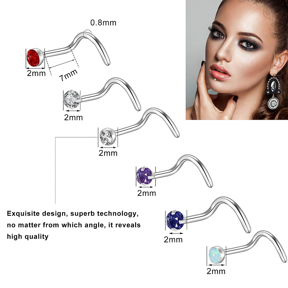 ONESING 60 Pcs 20G Silver Nose Rings for Women Nose Piercing Jewelry L Shape Nose Rings Studs Nose Ring Hoop Nose Screw Hypoallergenic Nose Studs Stainless Steel Nostril Piercing Jewelry