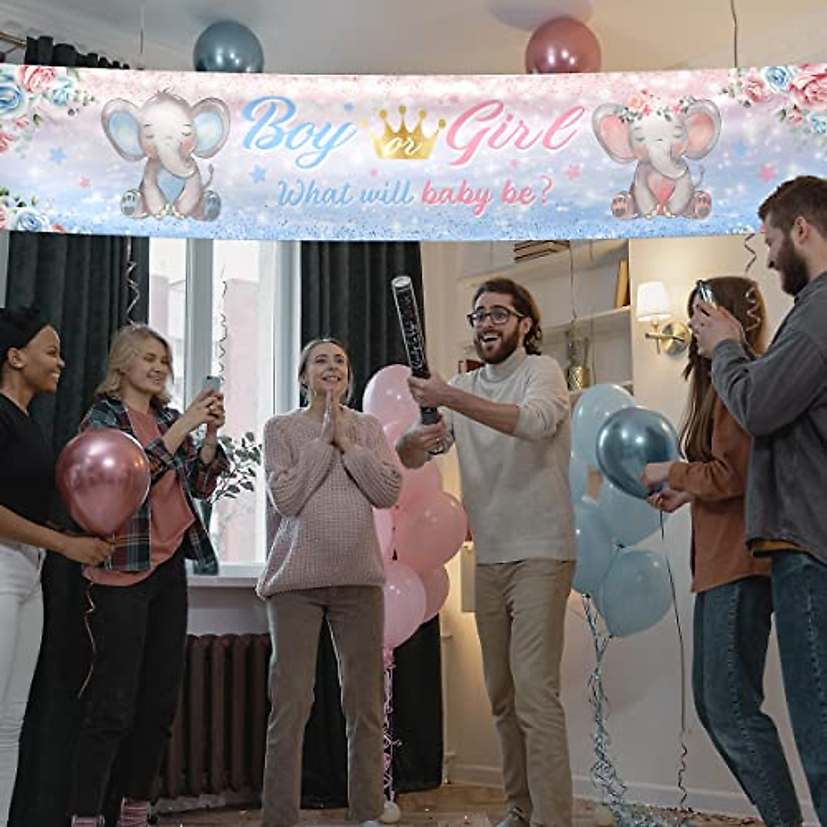 Boy or Girl Gender Reveal Banner-Floral Elephant Baby Shower Decor Pink and Blue Yard Sign Gender Reveal Party Supplies