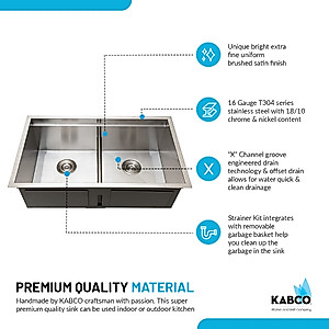 KABCO 32 Inch Workstation Kitchen Sink Stainless Steel Undermount Double Bowl Zero Radius Sound and Heatproof Ledge Design Sink 32" X 19" X 10"