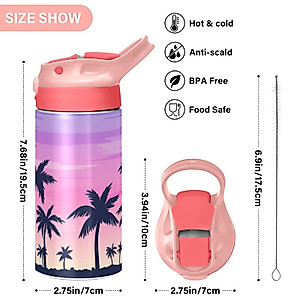 Purple Sky Palm Trees Kids Water Bottle with Straw Lid, Vacuum Insulated Stainless Steel Double Walled Leakproof Tumbler Travel Cup for Girls Boys Toddlers, 12 oz
