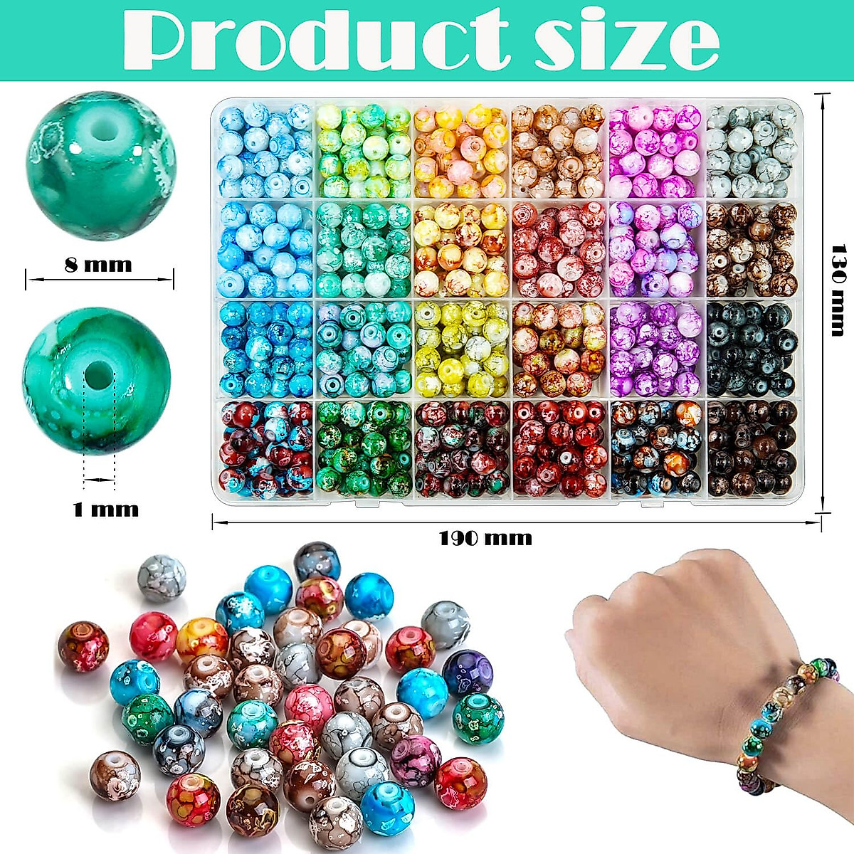 Glass Beads for Jewelry Making, 600pcs 8mm Glass Crystal Pattern Beads 24 Colors Snowflake Marble Gemstone Beads Imitation Jade Craft Beads for DIY Earrings Necklace Bracelet (Snowflake Crystal Bead)