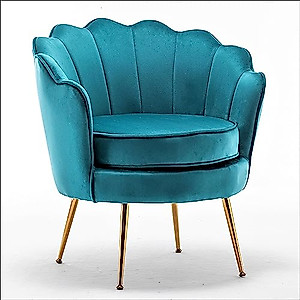 Container Furniture Direct Velvet Barrel Accent Chair with Scalloped Silhouette and Gold Metal Legs, Decorative Piece Suitable for Traditional, Modern, and Contemporary Spaces, Greenish Blue