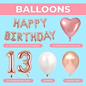 13th Birthday Decorations for Girls, 160 Pc. Party Set Serves 16 Guests, Rose Gold Banner, Latex and Foil Balloons, Paper Plates, Cups, and Napkins, Tablecloth and Curtain, and More